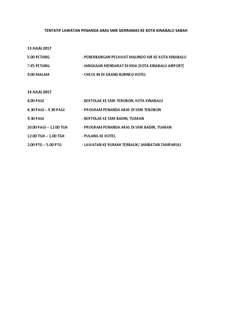 Tentatif Lawatan Penanda Aras SMK Sierramas Ke Kota Kinabalu Sabah | PDF