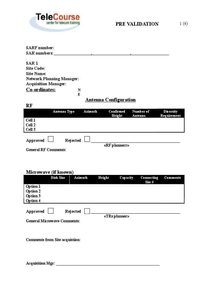 Pre Validation: SARF Number: SAR Numbers:,, Sar 1 Site Code: Site Name ...