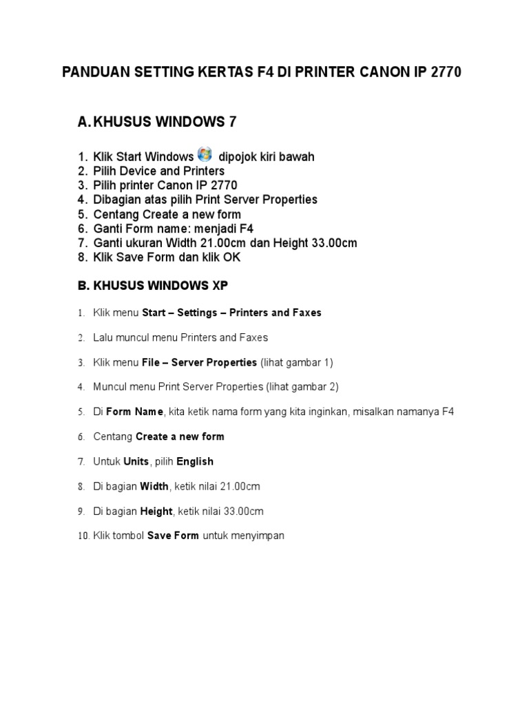 Panduan Setting Kertas f4 Di Printer Canon Ip 2770 | PDF