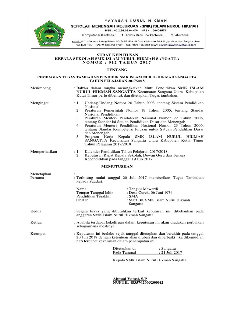 SK Tugas Tambahan Guru BK