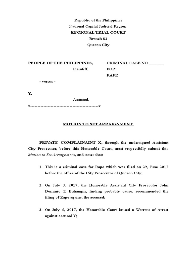 Motion To Set Arraignment Prosecution - Final | PDF | Prosecutor ...