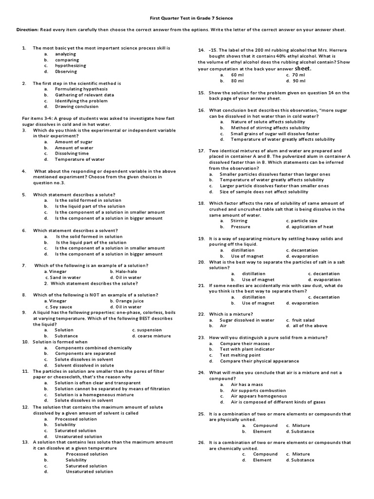 Analysis of a 7th Grade Science Test | PDF | Solution | Mixture