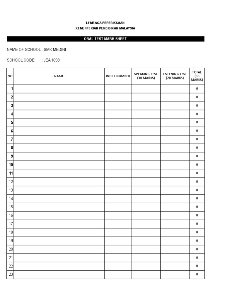 Template Excel Autokira Borang Markah Ujian Lisan - Bi | PDF