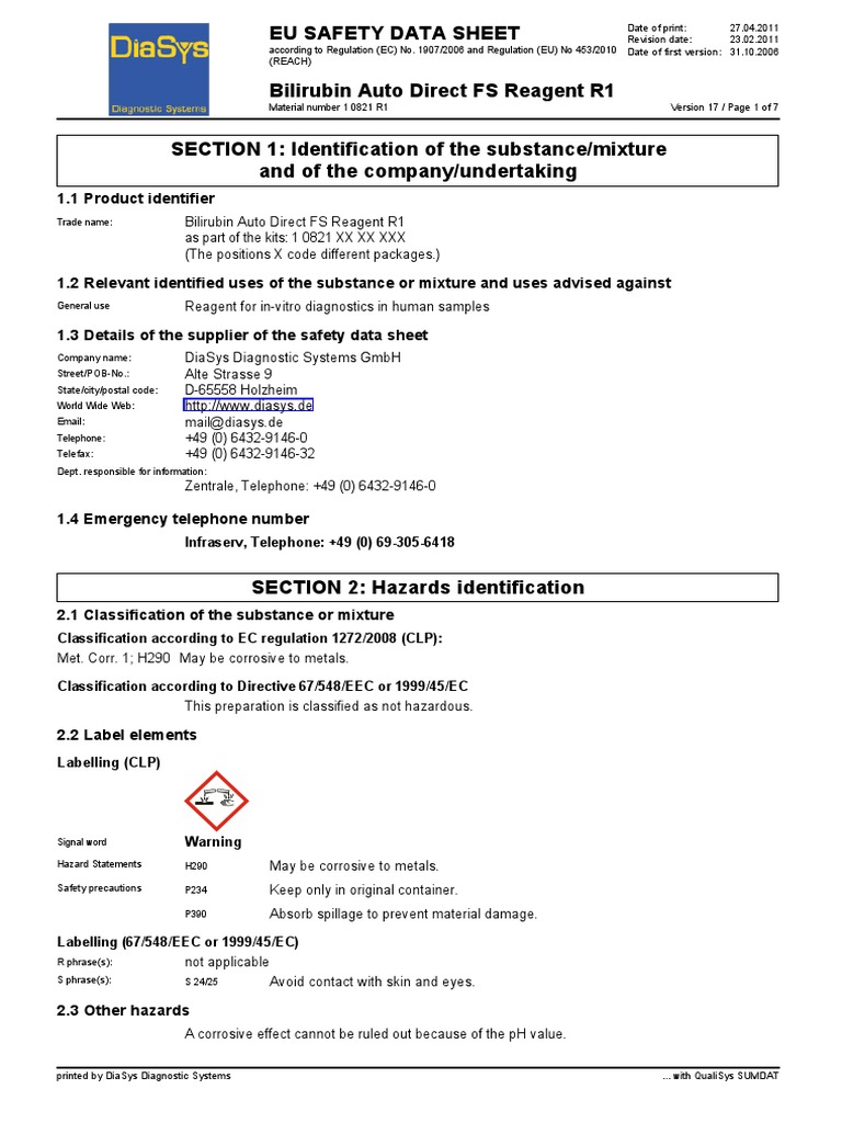 Bilirubin Auto Direct FS Reagent R1-GB-17 | PDF | Dangerous Goods | Safety