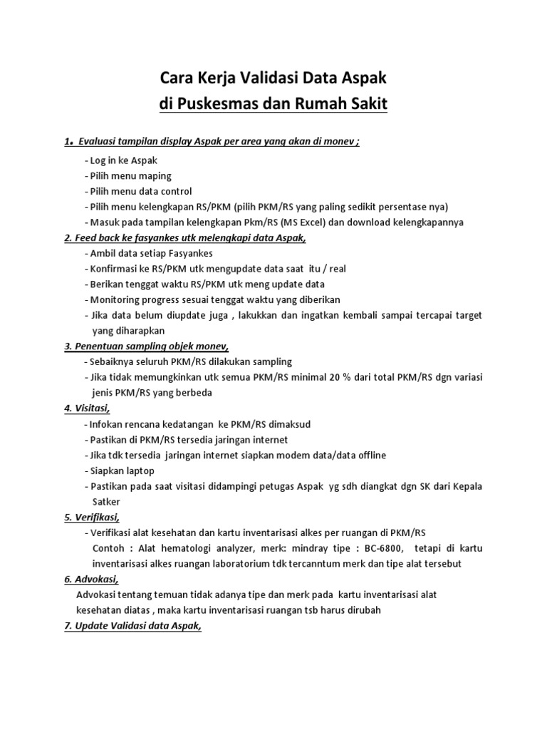 Cara Kerja Validasi Data Aspak Di Puskesmas Dan Rumah Sakit | PDF
