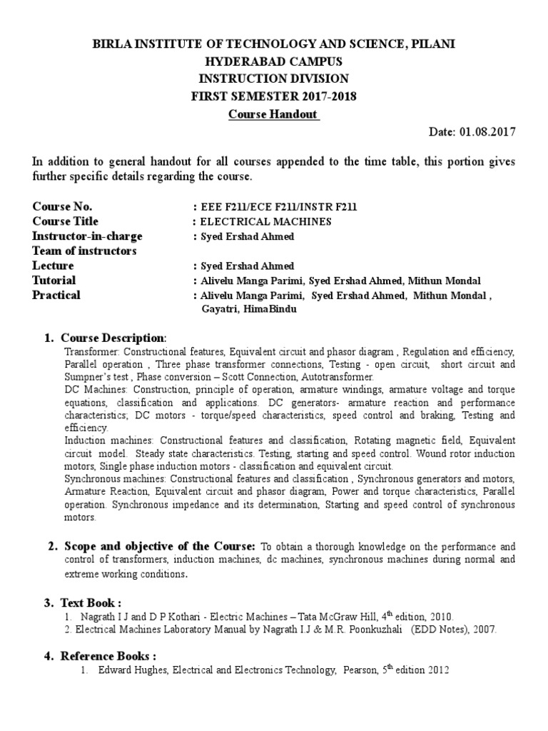 Ece F211 Handout Pdf Electric Motor Power Physics 