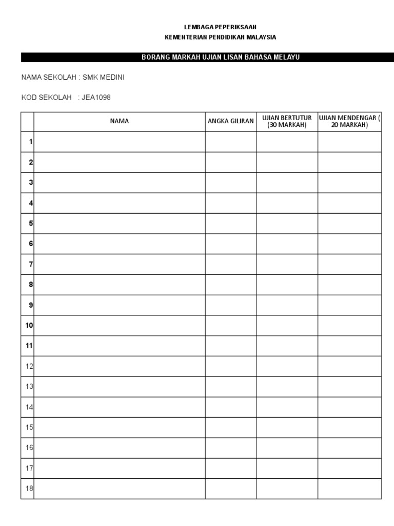 Template Excel Autokira Mark Borang Markah Ujian Lisan - Bm