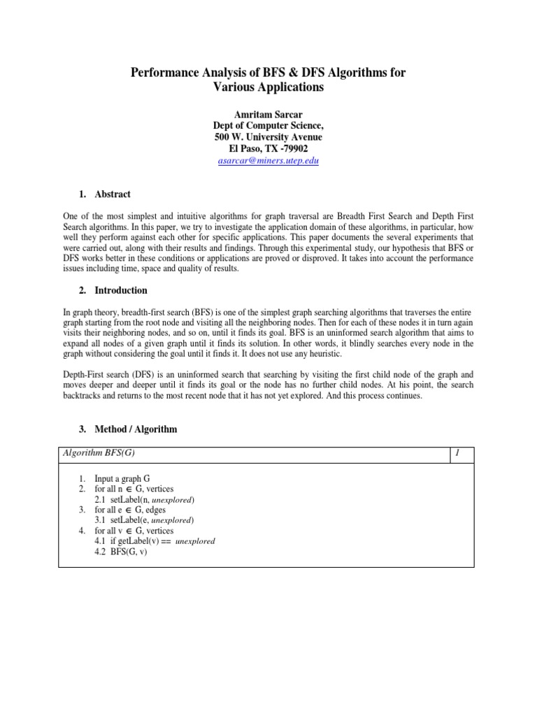 Performance Analysis of BFS & DFS Algorithms For Various Applications | PDF | Theoretical ...