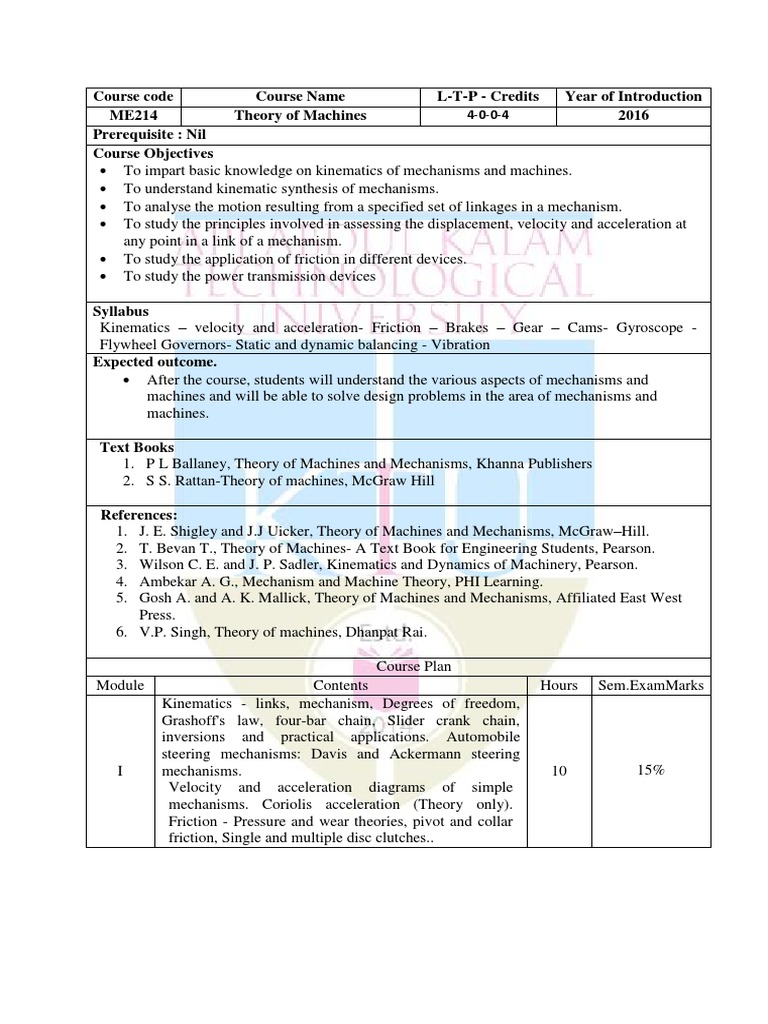 ME214 Theory of Machines | PDF | Gear | Kinematics