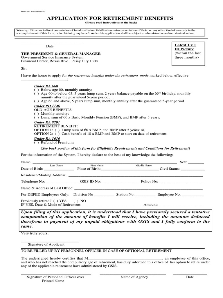 GSIS Application Retirement Benefits | PDF | Life Annuity | Pension