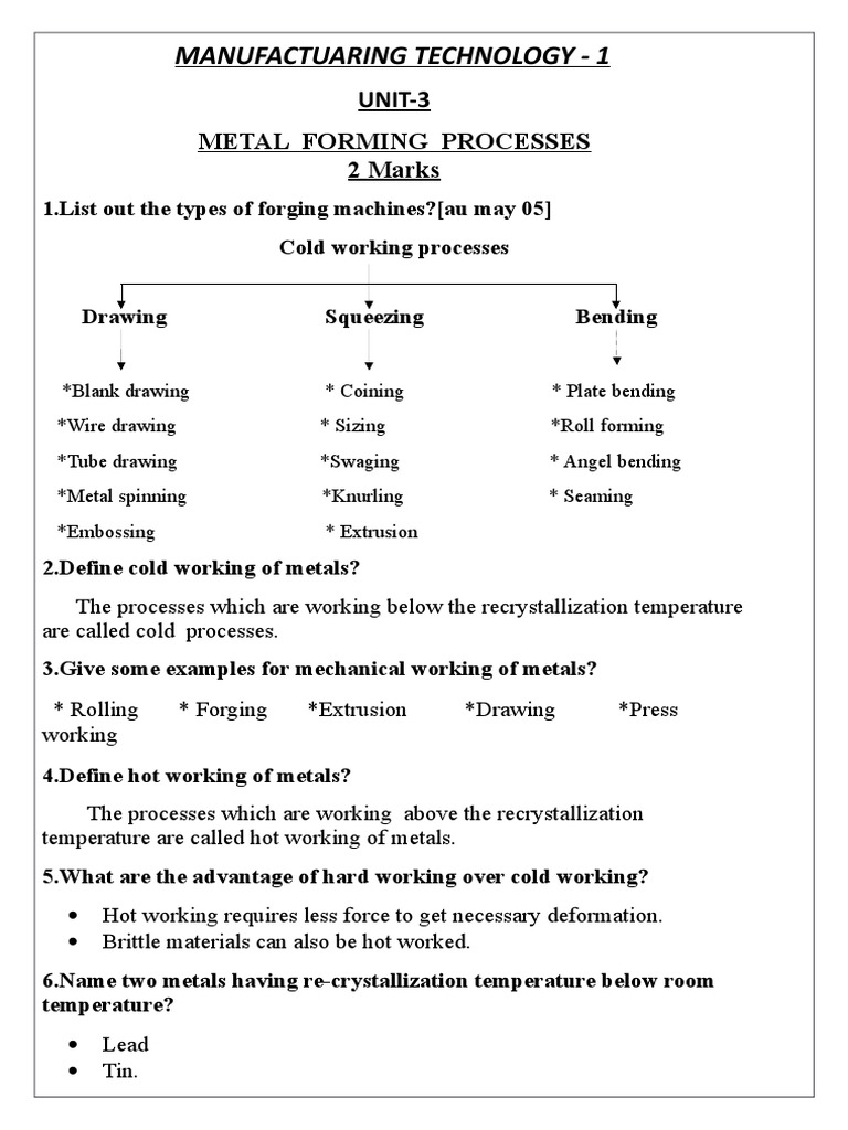 ME6301 MANUFACTURING TECHNOLOGY - 1 - UNIT 3 - 2marks | PDF | Extrusion | Forging