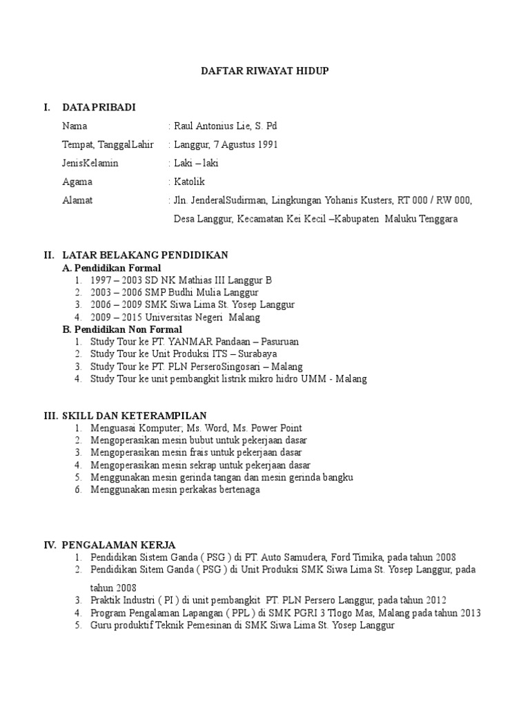 CV Raul Antonius Lie, S. Pd. | PDF