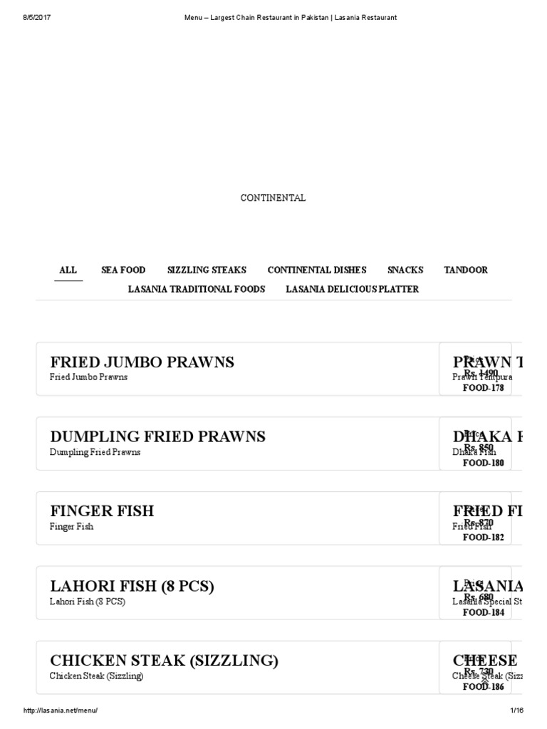 Menu - Largest Chain Restaurant in Pakistan - Lasania Restaurant | PDF ...