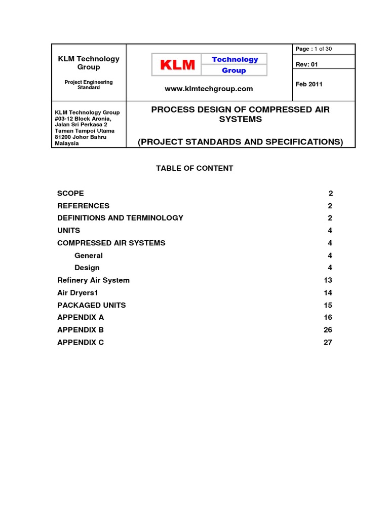 PROJECT STANDARDS AND SPECIFICATIONS Compressed Air Systems Rev01 PDF | PDF
