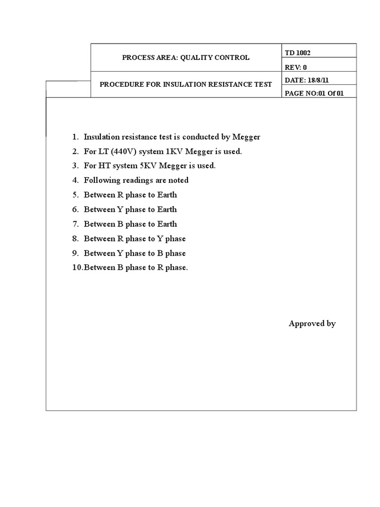 Insulation Resistance Test Procedure | PDF | Technology & Engineering