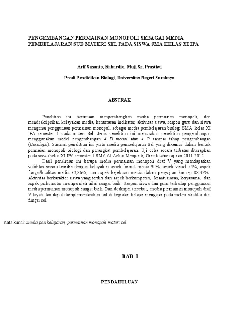 Pengembangan Permainan Monopoli Sebagai Media Pembelajaran Sub Materi Sel Pada Siswa Sma Kelas ...