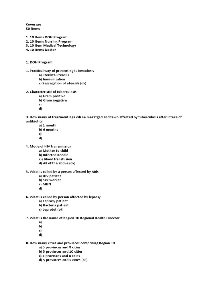 Doh Exam Coverage | PDF | Tuberculosis | Microbiology