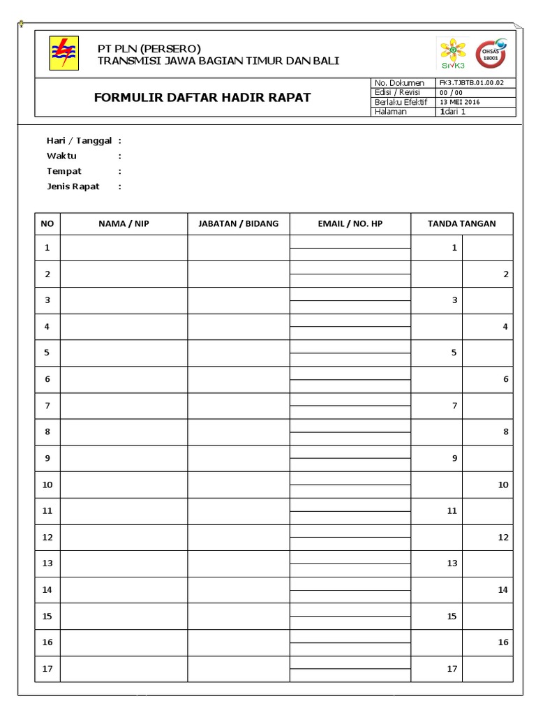 Formulir Daftar Hadir - Sesuai Format SMK3 | PDF