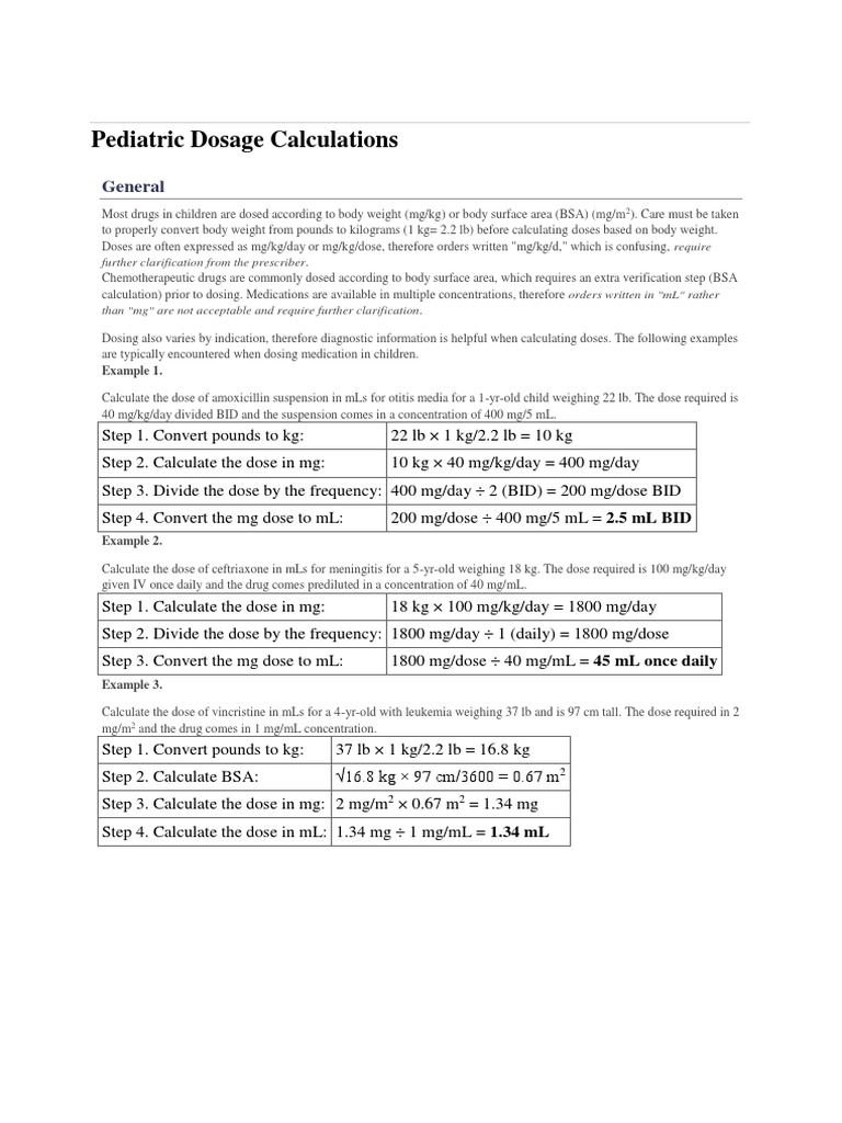 Pediatric Dosage Calculation Guide | PDF | Dose (Biochemistry) | Chemistry