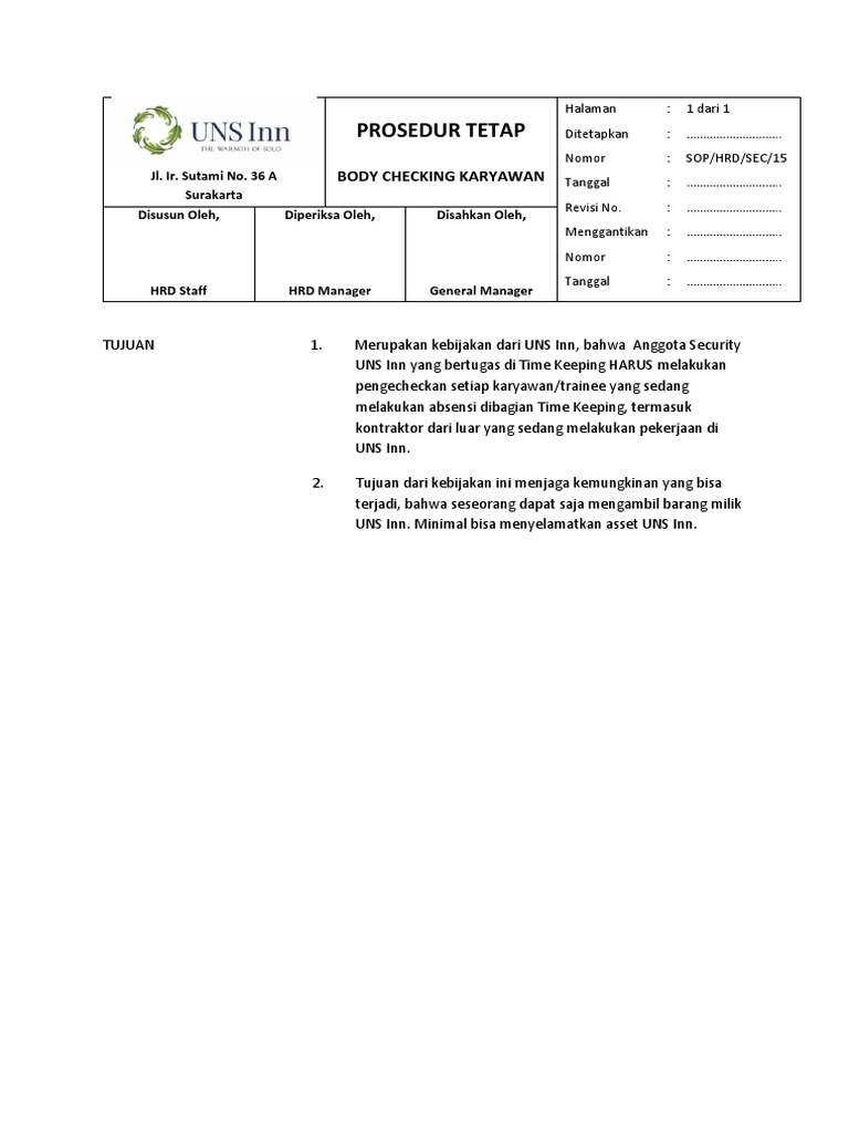 Sop - sec.Hrd.15.Body Checking Karyawan | PDF