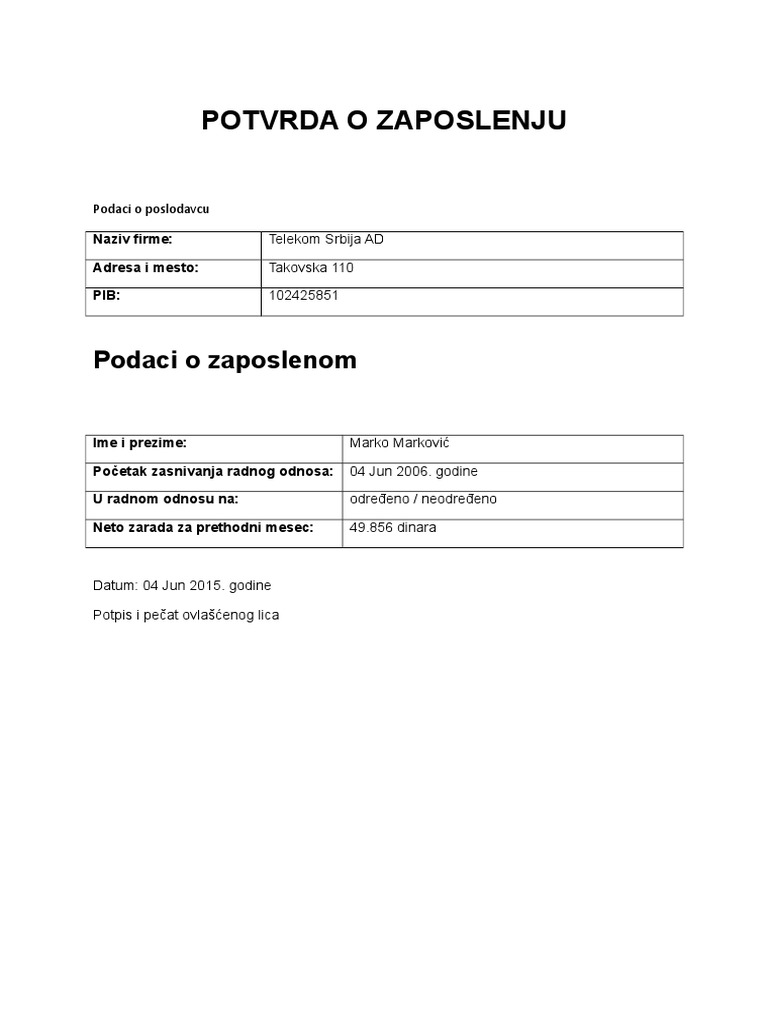 Potvrda o Zaposlenju | PDF