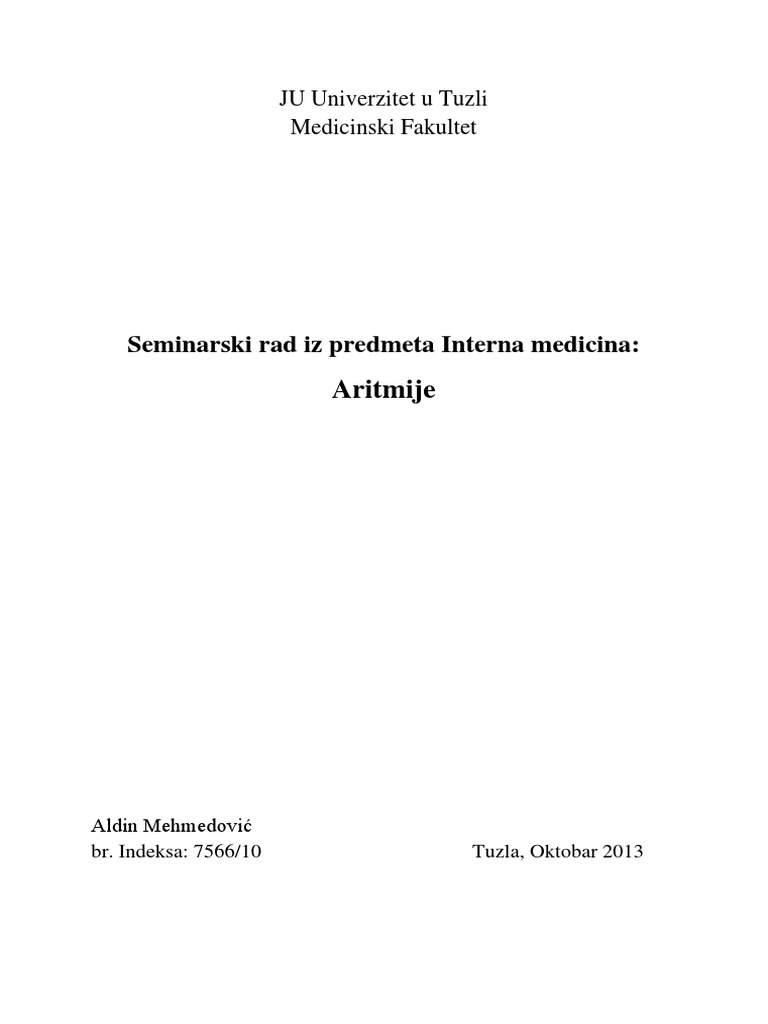 Aldin Mehmedović Seminarski Rad Interna Medicina Aritmije | PDF
