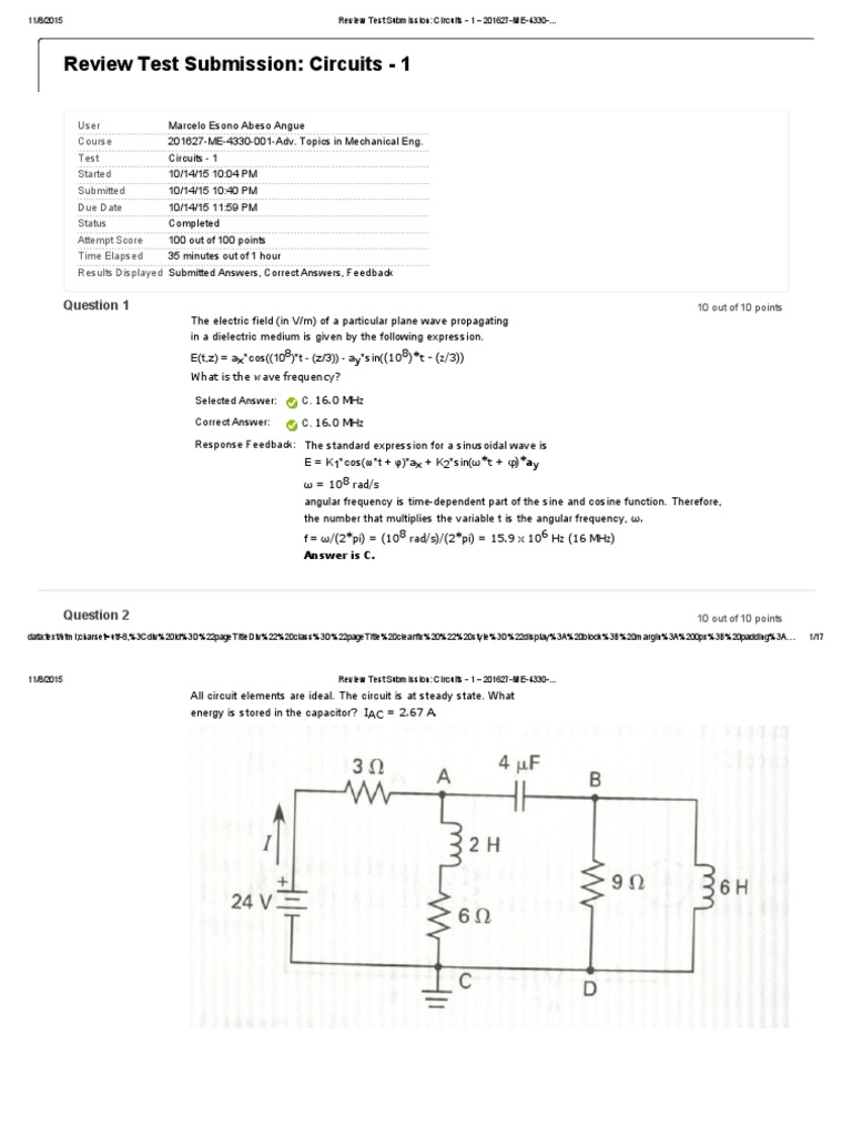 Review Test Submission: Circuits 1: Question 1 | PDF | Electrical ...