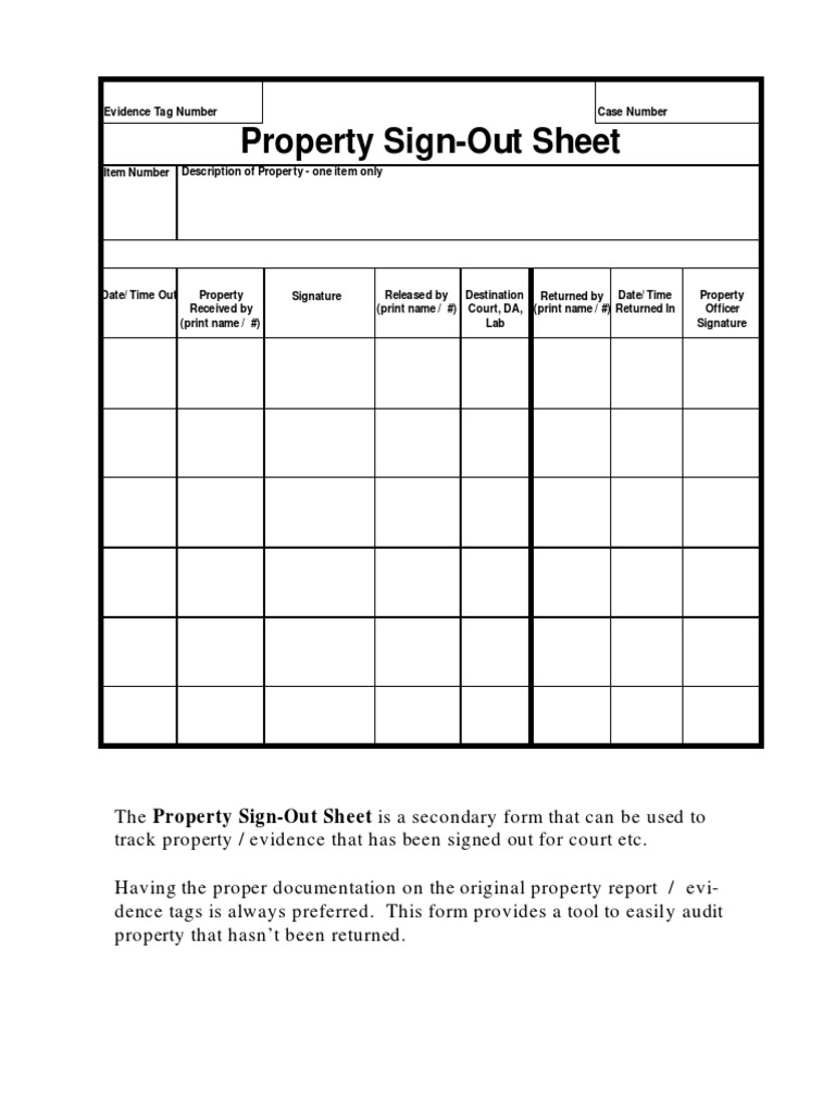 Property Sign-Out Sheet Template | PDF