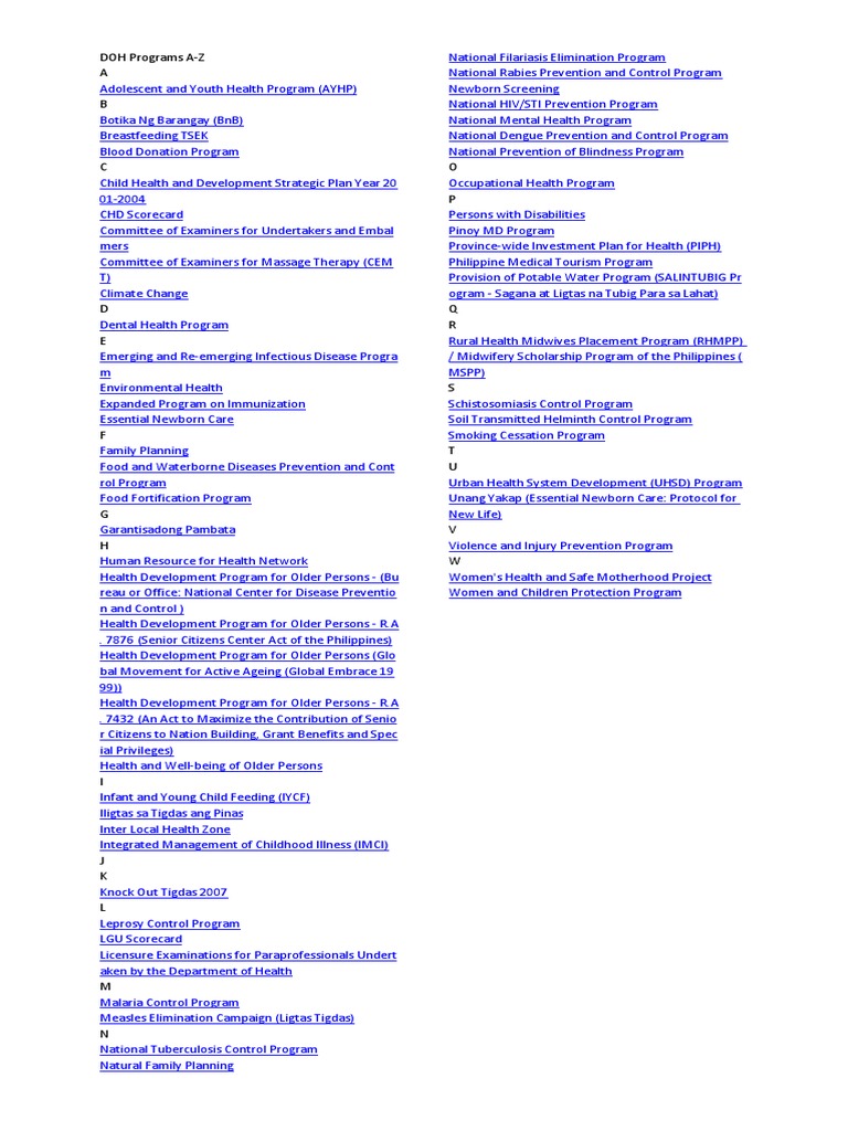 DOH Programs A-Z Philippines | PDF | Health Economics | Health Policy