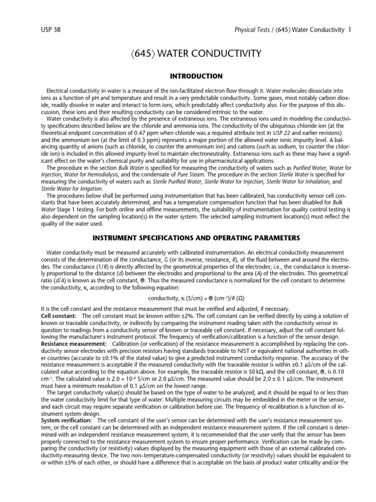 USP 645 - Water Conductivity | PDF | Ion | Calibration