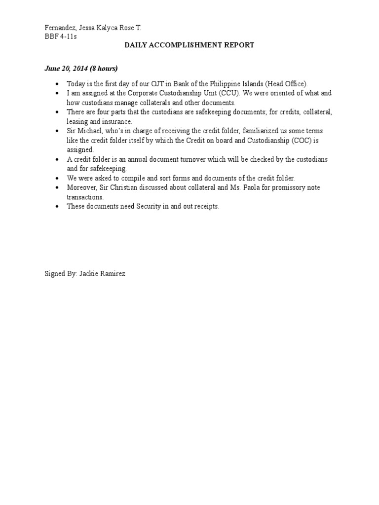 June 20, 2014 (8 Hours) : Daily Accomplishment Report | PDF | Cheque ...