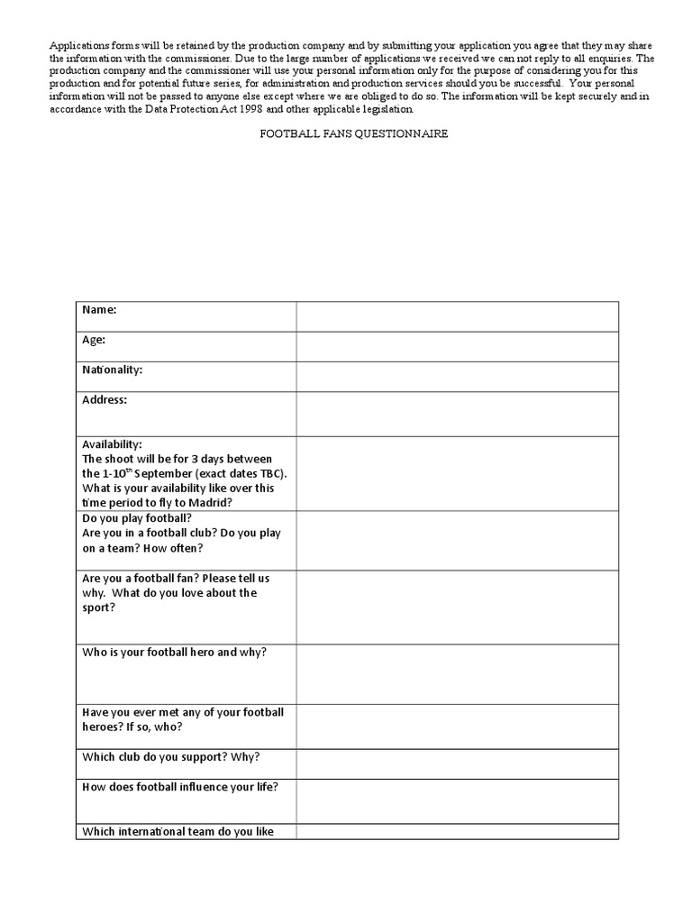 Football Fan Questionnaire - Madrid Documentary | PDF | Personally ...