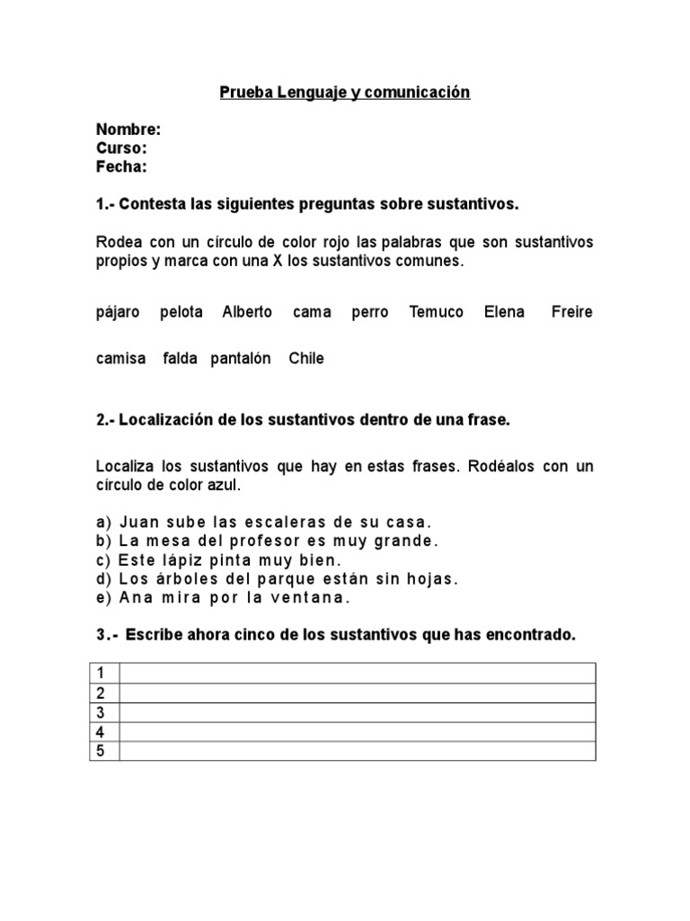 Prueba de Sustantivos Propios y Comunes | PDF