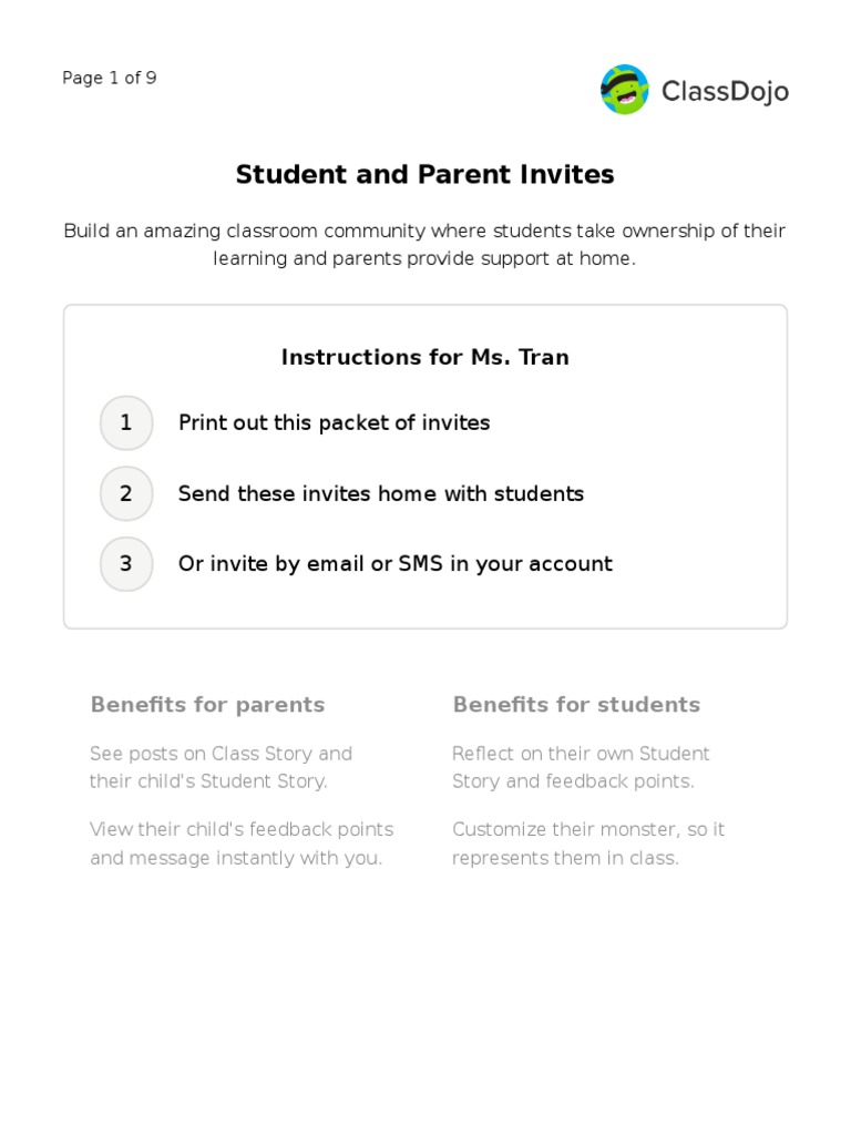ClassDojo Parent and Student Invites for 5.1 | Technology | Communication