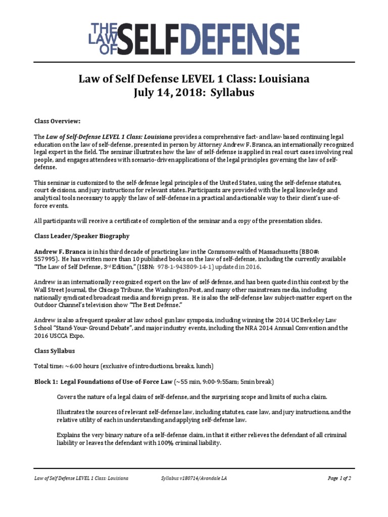 Law of Self Defense LEVEL 1 CLE LA Syllabus 180714 v170807 | PDF | Self ...
