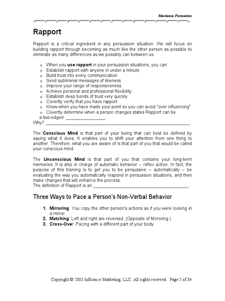 Rapport: Three Ways To Pace A Person's Non-Verbal Behavior | PDF ...