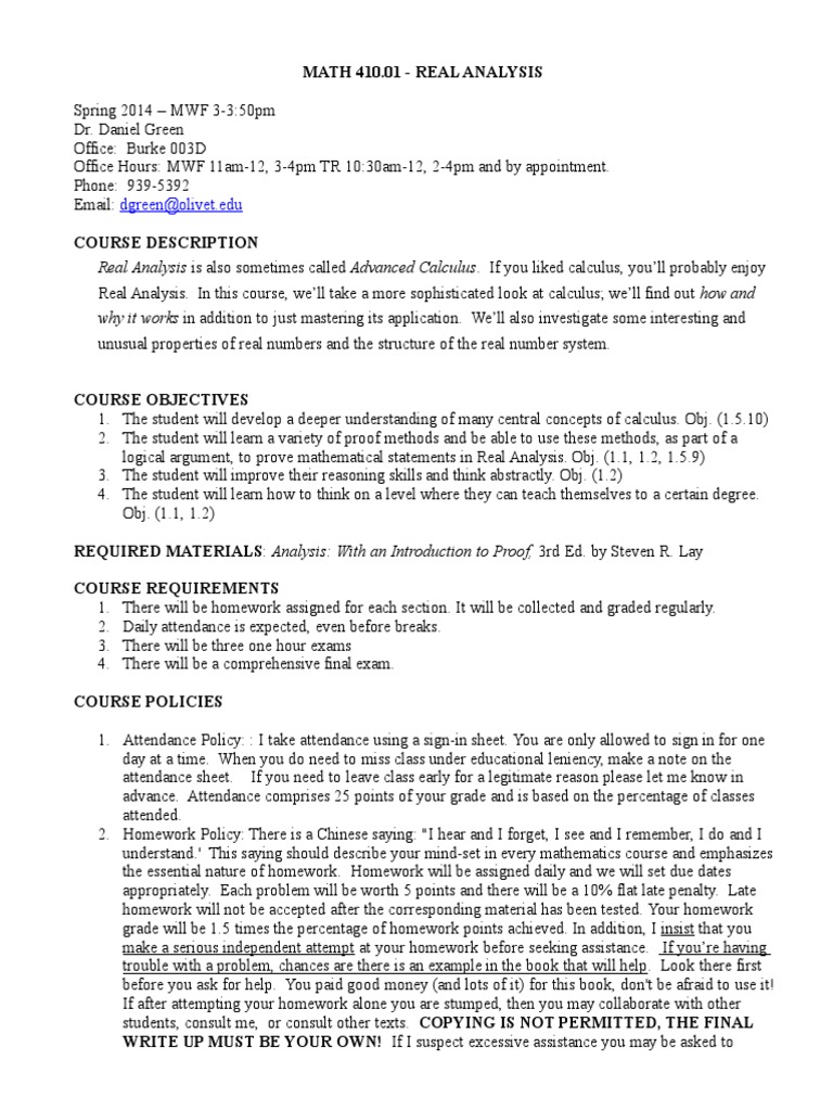 Math 410 Real Analysis Syllabus | PDF | Continuous Function ...