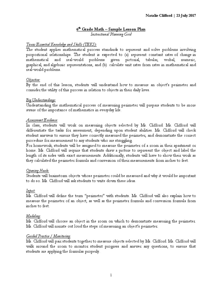 6th Grade Math Ipg Lesson Plan | PDF | Lesson Plan | Teaching Mathematics