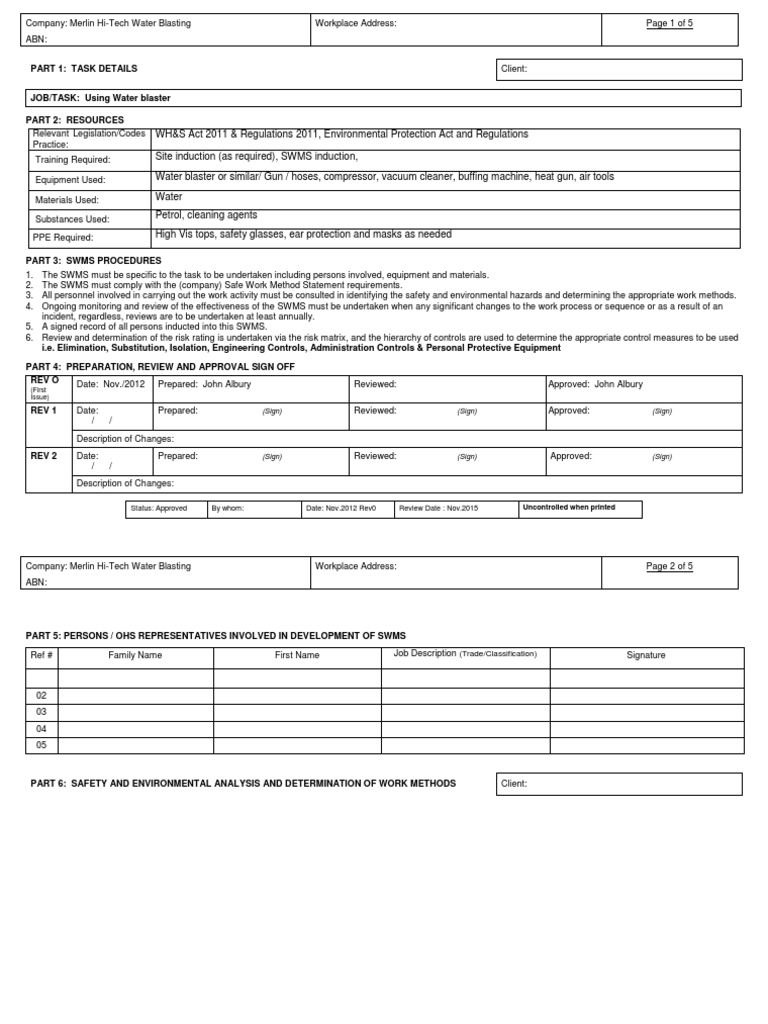 SWMS Water Blasting SEMP | PDF | Personal Protective Equipment | Risk