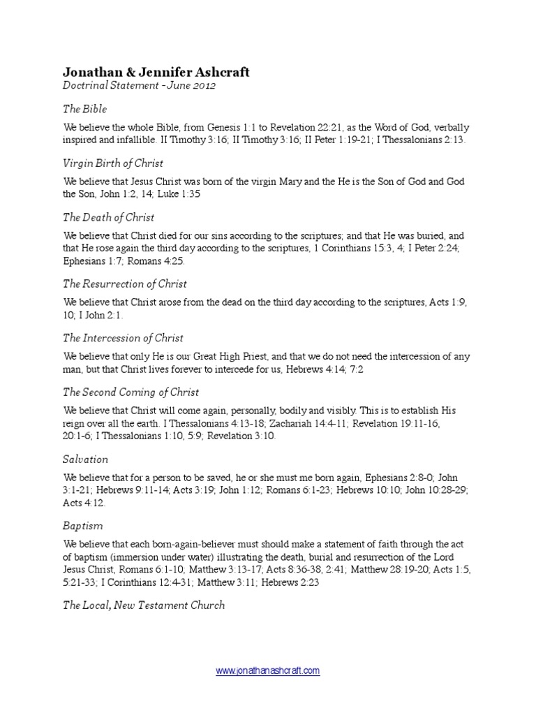 Jonathan & Jennifer Ashcraft: Doctrinal Statement - June 2012 The Bible ...