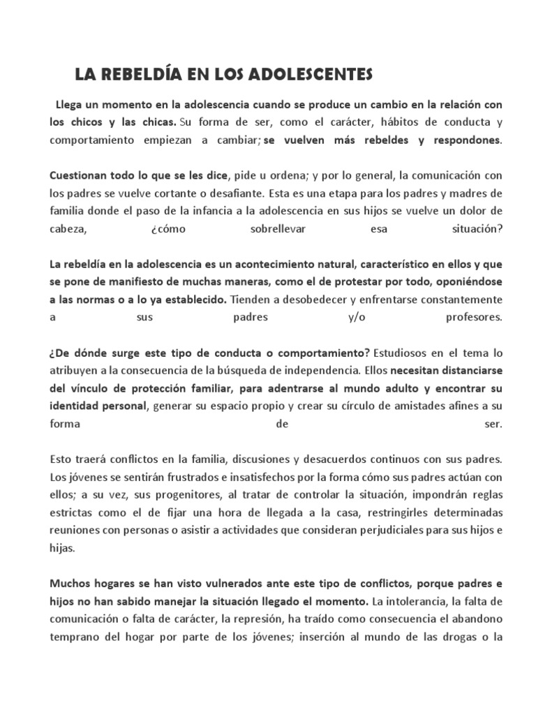 Rebeldía en la Adolescencia: Causas y Consecuencias | PDF ...