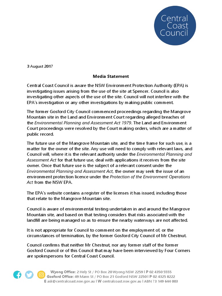 Gosford Council - Statement - Mangrove Mountain and Spencer | PDF