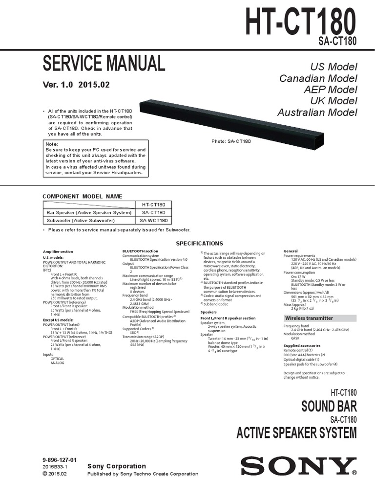 Soundbar Sony Ht-ct180 Ver.1.0 | PDF | Loudspeaker | Bluetooth