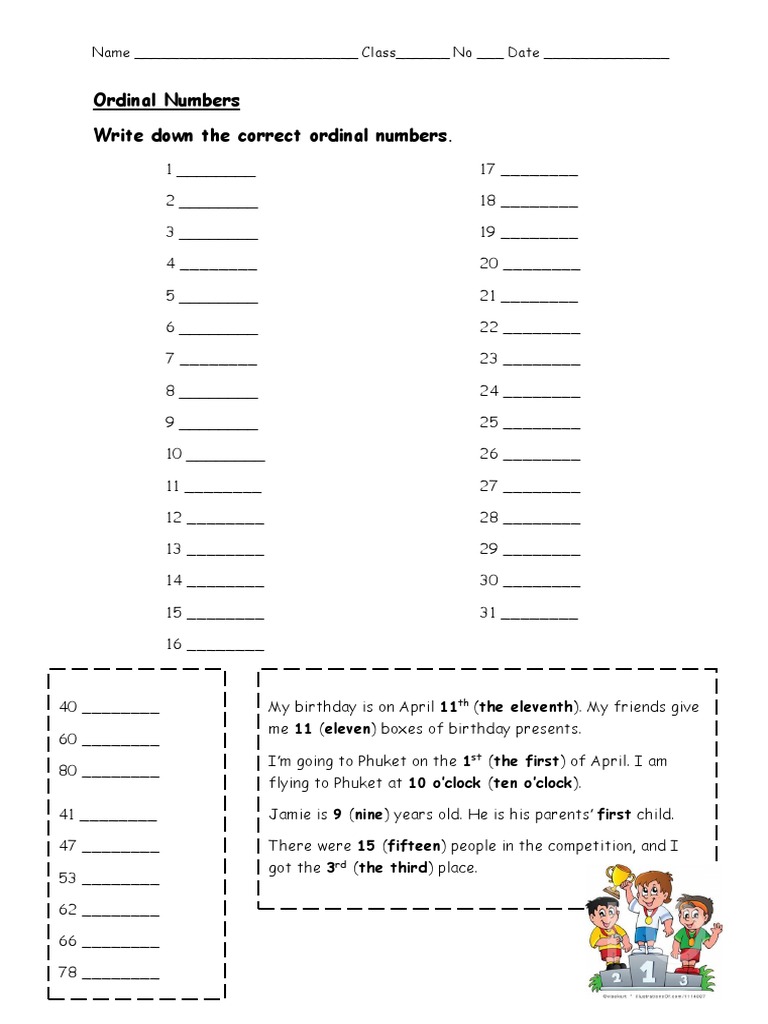 Ordinal Numbers Write Down The Correct Ordinal Numbers | PDF