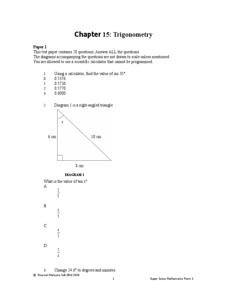 Form 3 - Chapter 15-Trigonometry | PDF | Triangle | Trigonometric Functions