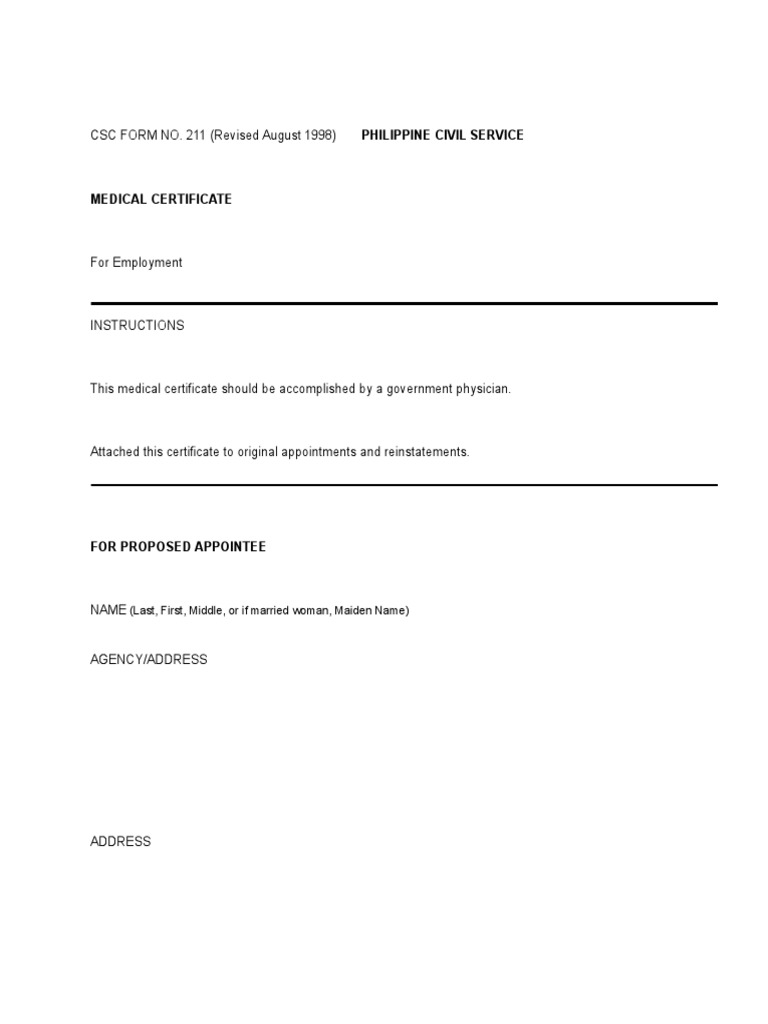CSC Form 211 Medical Certificate | PDF