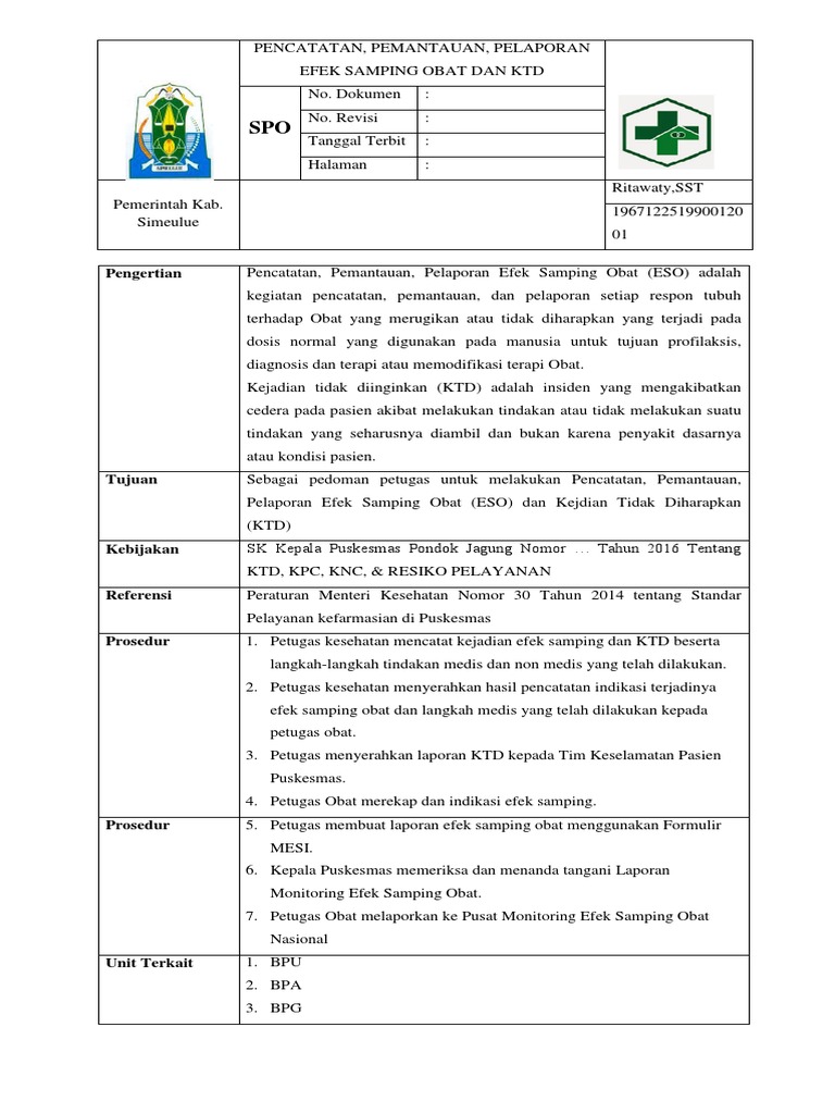 Spo Pencatatan Pemantauan Pelaporan Efek Samping Obat Dan KTD | PDF