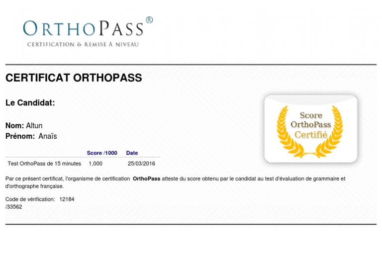 Certificat OrthoPass PDF | PDF