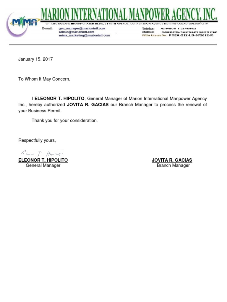 Authorization Letter - Bus. Permit | PDF | Business