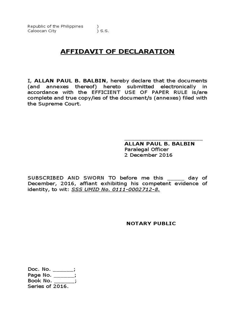 Affidavit of Declaration: Republic of The Philippines) Caloocan City) S ...